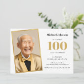 Gold White Classy Photo 100th Birthday Party Invitation | Zazzle