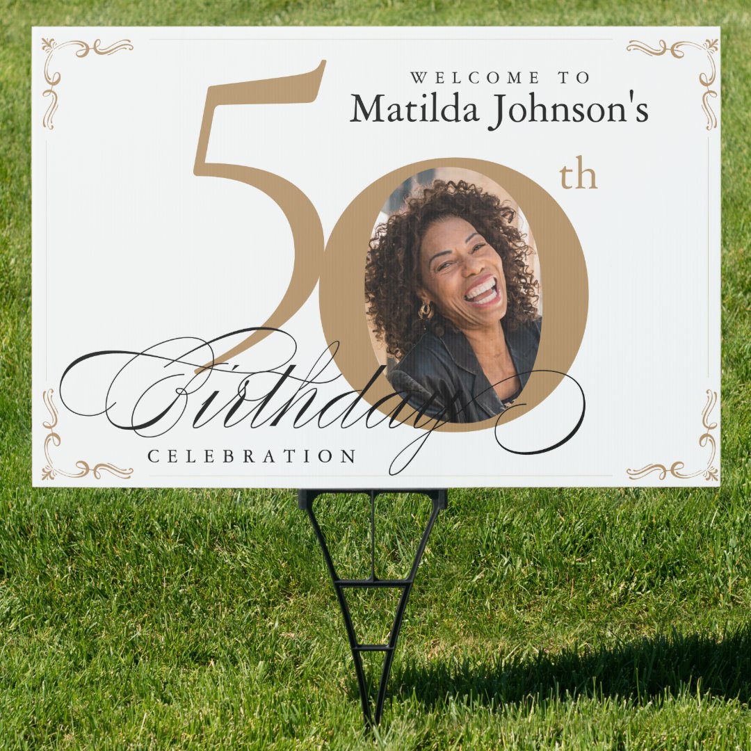 Gold White Elegant Calligraphy Photo 50th Birthday Sign | Zazzle