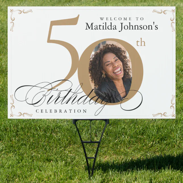 Gold White Elegant Calligraphy Photo 50th Birthday Sign | Zazzle