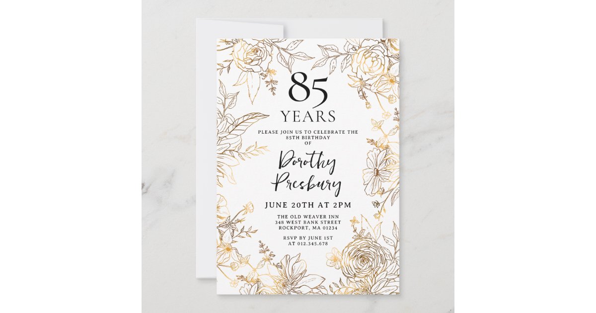 Gold White Floral 85th Birthday Party Invitation | Zazzle
