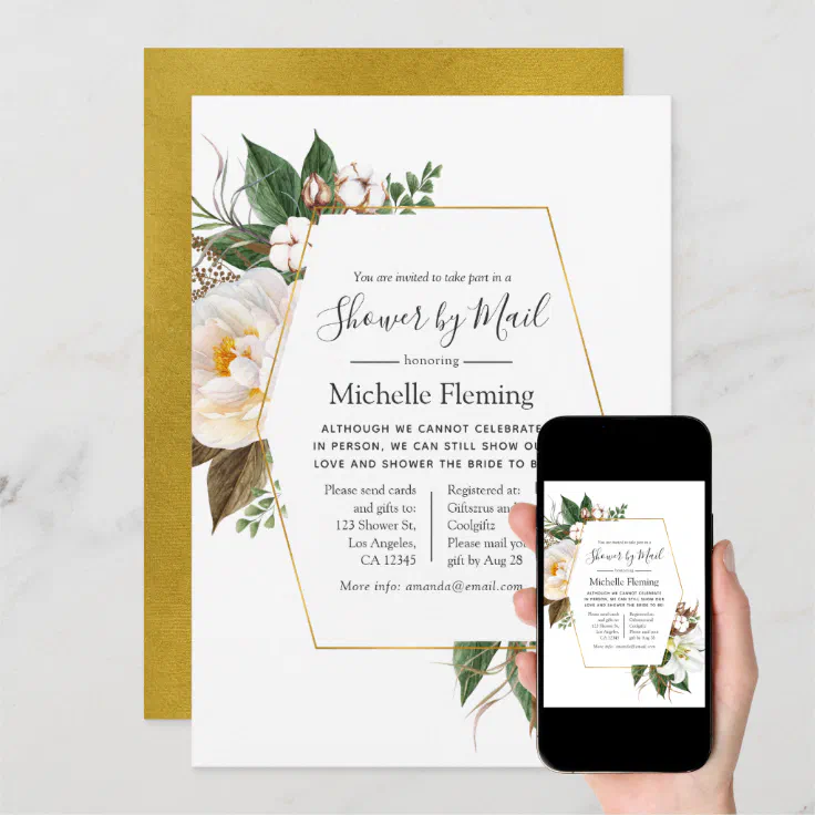 Gold & White Floral Baby or Bridal Shower by Mail Invitation | Zazzle