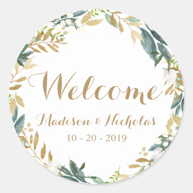 Gold White Flower Wreath Wedding Welcome Stickers | Zazzle