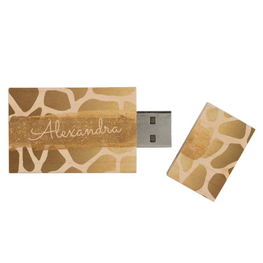Gold & White Giraffe Animal Print Gold Glitter Wood USB Flash Drive ...