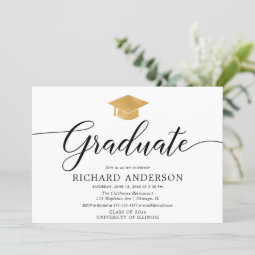 Gold white graduation party, simple calligraphy invitation | Zazzle