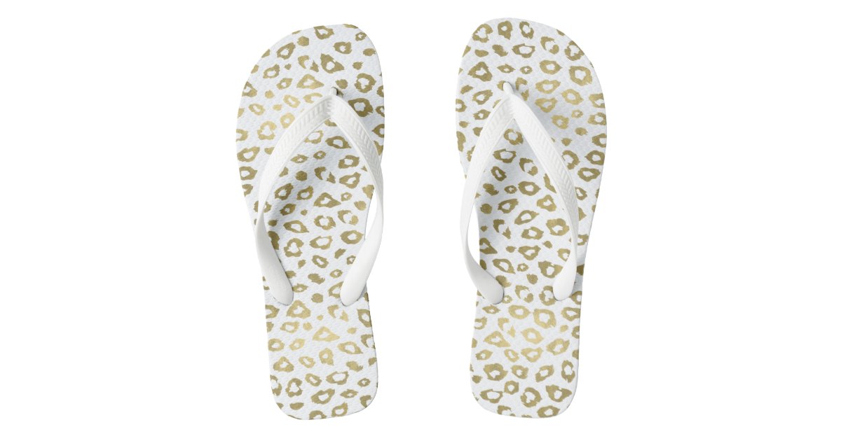 Gold White Leopard Print Flip Flops | Zazzle