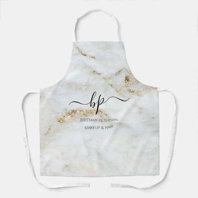 Gold White Marble Business Staff Uniform Monogram Apron | Zazzle