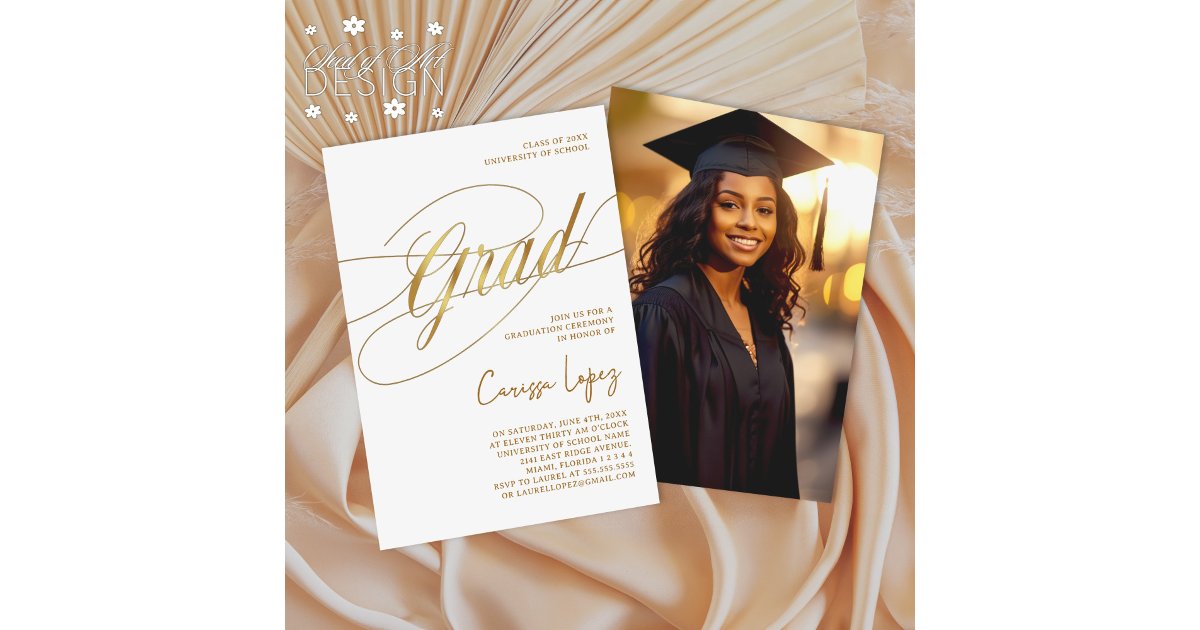 Gold & White Minimal Scripted Grad Ceremony Photo Invitation | Zazzle