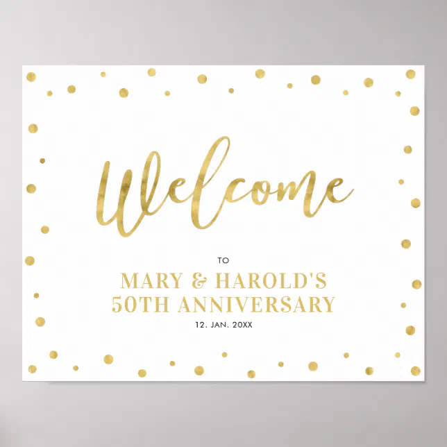 Gold & White | Modern Confetti Welcome Party Sign | Zazzle