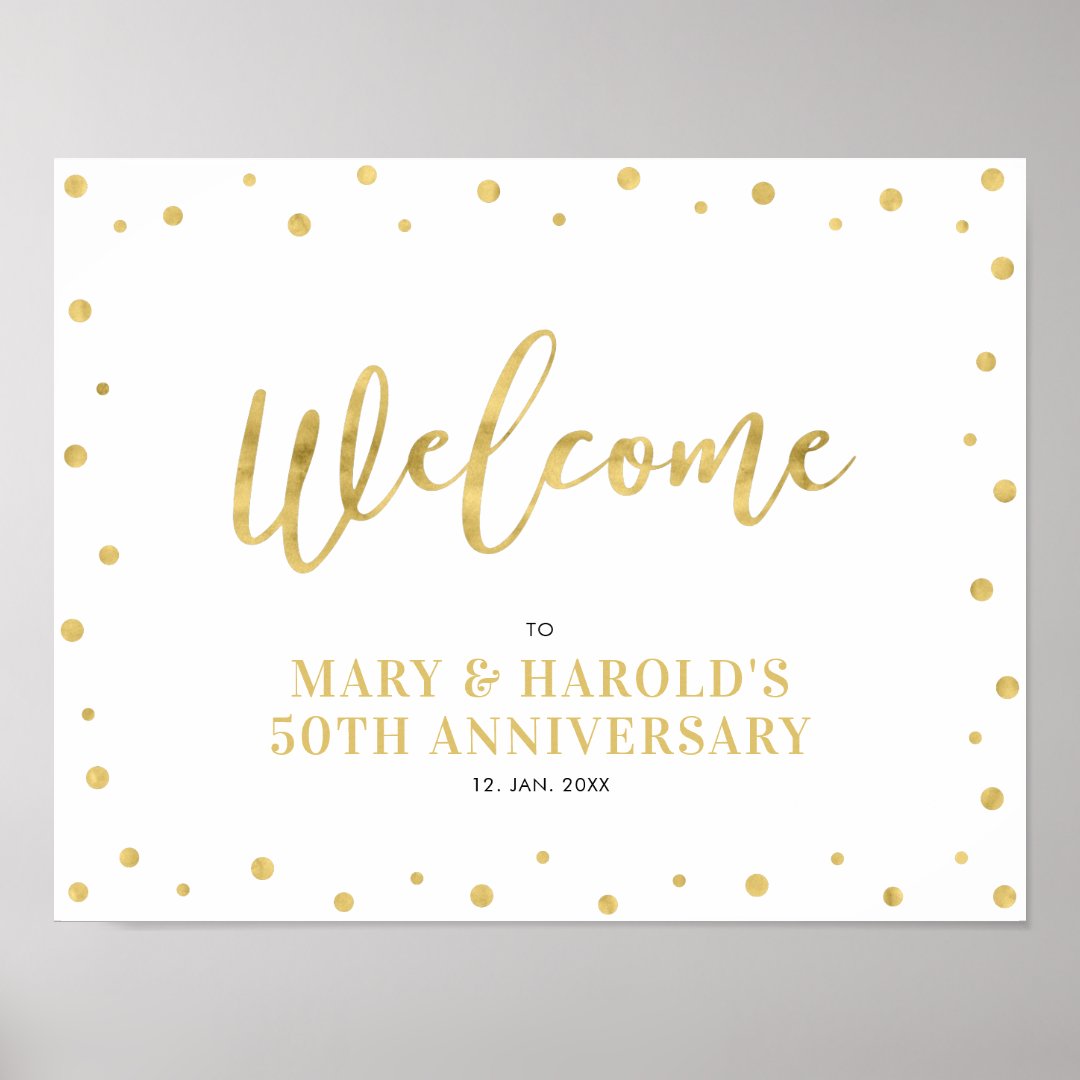 Gold & White | Modern Confetti Welcome Party Sign | Zazzle