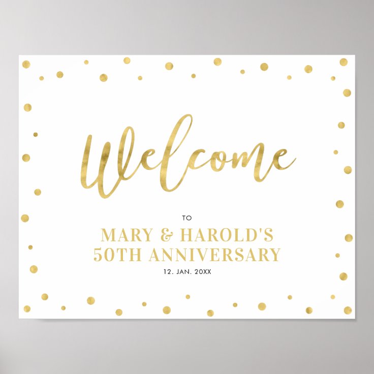 Gold & White | Modern Confetti Welcome Party Sign | Zazzle