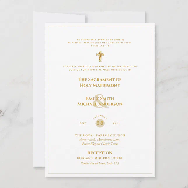 Gold White Ornate Catholic Nuptial Mass Wedding Invitation | Zazzle