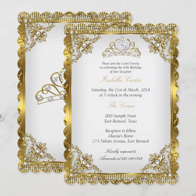 Gold White Pearl Lace Damask Tiara Birthday Party Invitation | Zazzle