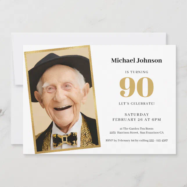 Gold White Simple Photo 90th Birthday Party Invitation | Zazzle