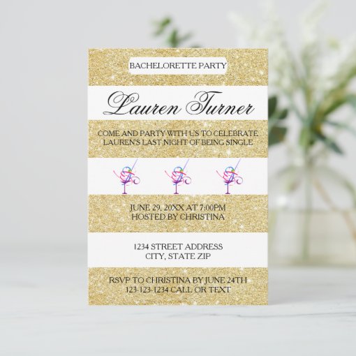 Gold & White Stripes - 3x5 Bachelorette Invitation | Zazzle