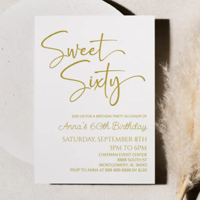 Gold White Sweet Sixty Minimal 60th Birthday Party Invitation | Zazzle