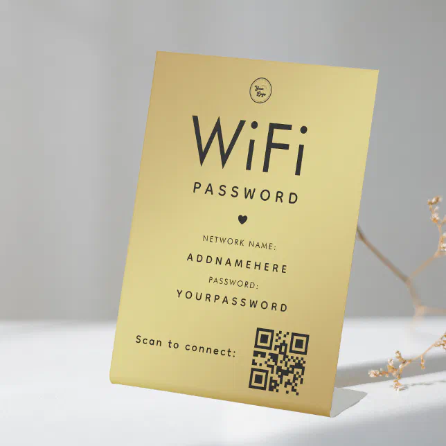 Gold WiFi Password Code Business Logo QR Code Pedestal Sign | Zazzle
