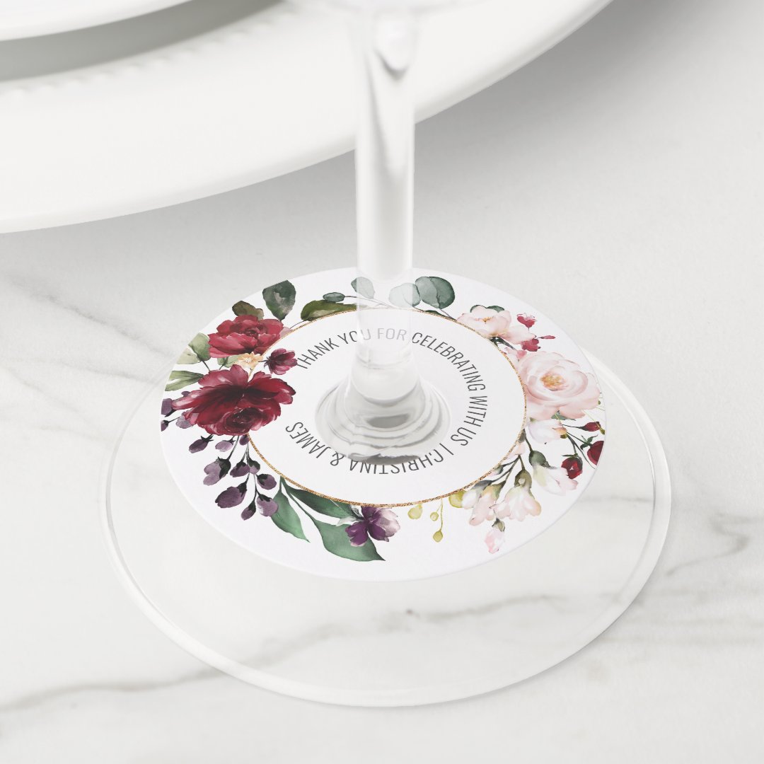 Gold Wine Blush Floral Wedding Favor Wine Glass Tag | Zazzle
