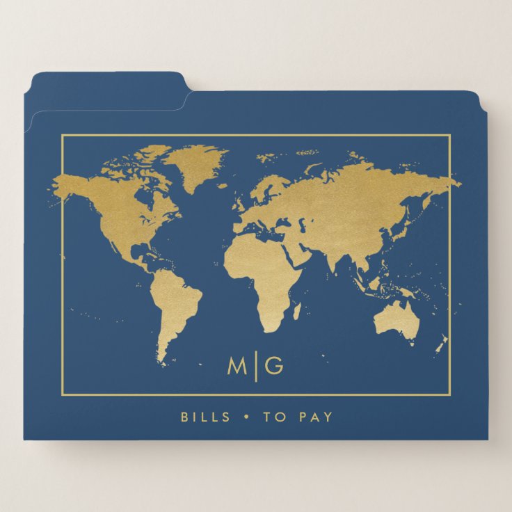 Gold World Map Elegant Professional File Folder | Zazzle
