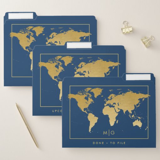Gold World Map Elegant Professional File Folder | Zazzle