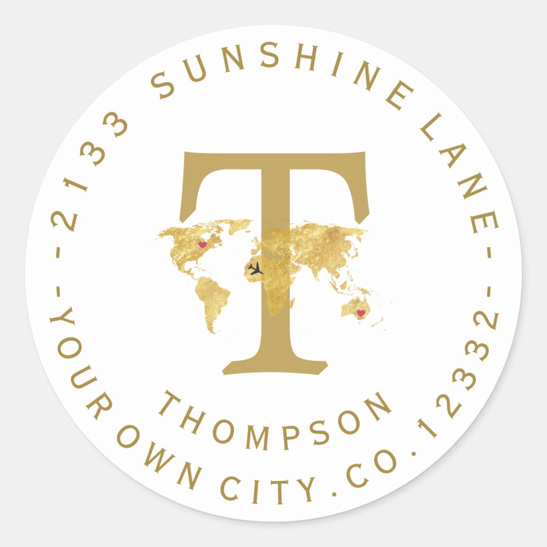 Gold World Map Monogram Circular Address Label | Zazzle