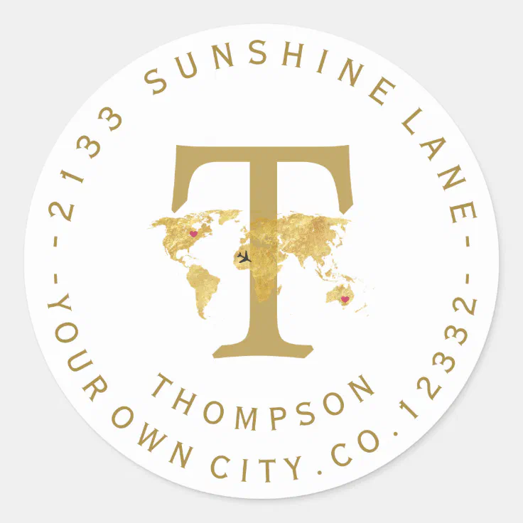 Gold World Map Monogram Circular Address Label | Zazzle