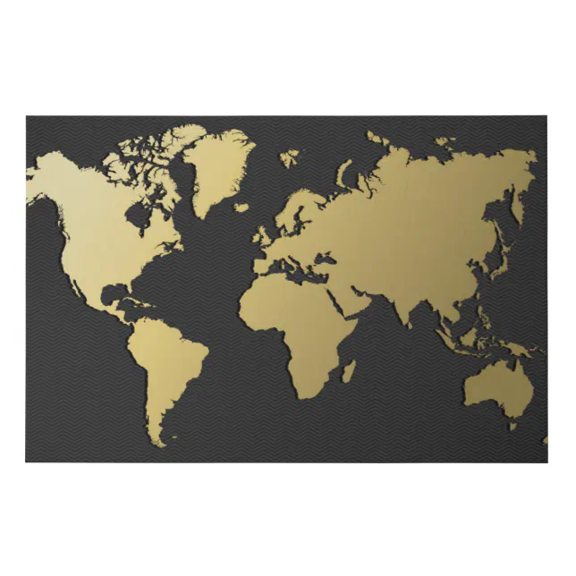 Gold World Map on Black Chevron Faux Canvas Print | Zazzle