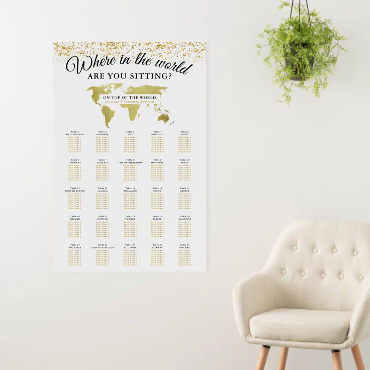 Gold World Map Seating Chart Foam Board | Zazzle