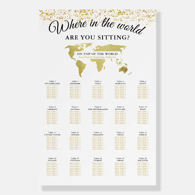 Gold World Map Seating Chart Foam Board | Zazzle