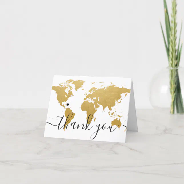 Gold World Map Thank You Photo Card | Zazzle