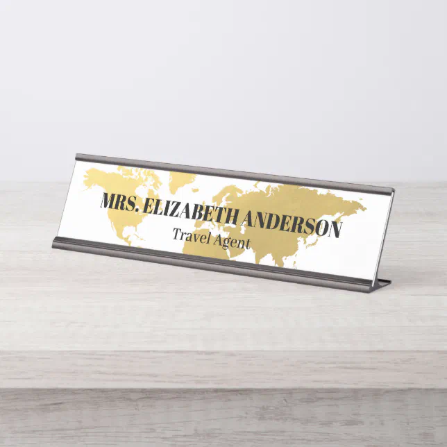Gold World map travel agency Desk Name Plate | Zazzle