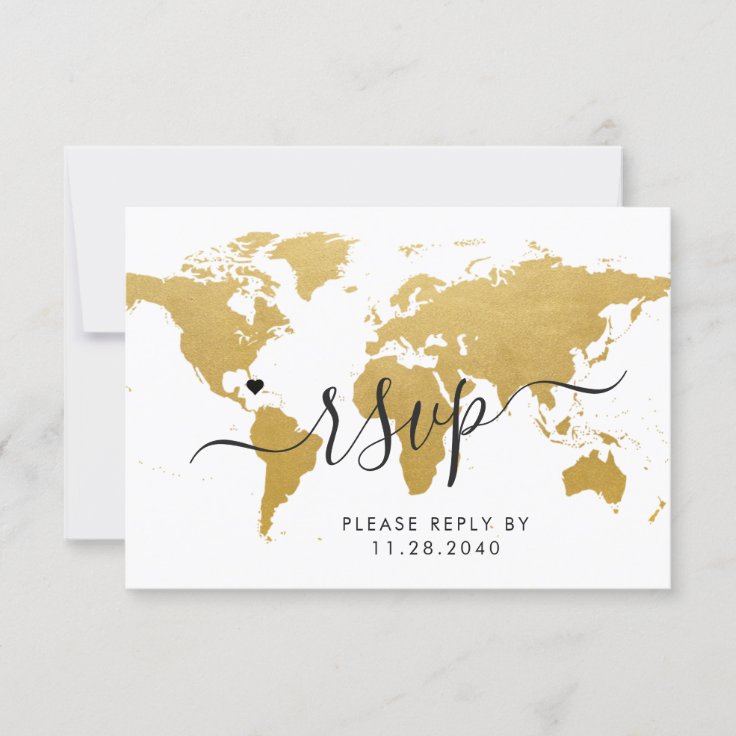 Gold World Map Travel Destination RSVP Card | Zazzle