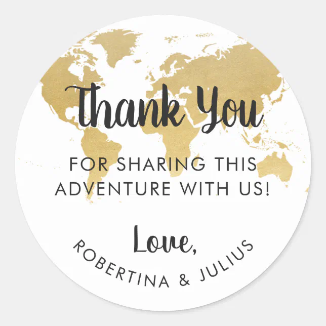 Gold World Map Travel Theme Thank You Favor Classic Round Sticker | Zazzle