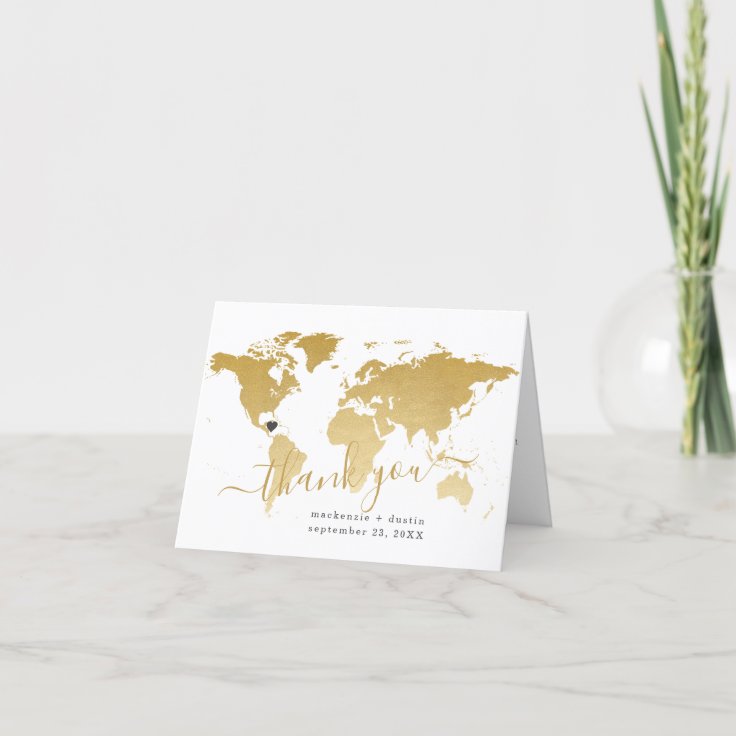 Gold World Map with Photo Folded Thank You Card | Zazzle
