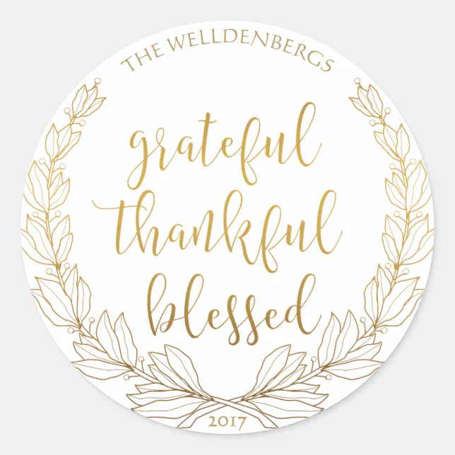Gold Wreath Grateful Thankful Blessed Monogram Classic Round Sticker ...