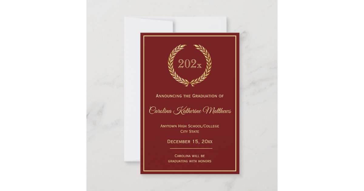 Gold Wreath Maroon Graduation Announcement | Zazzle
