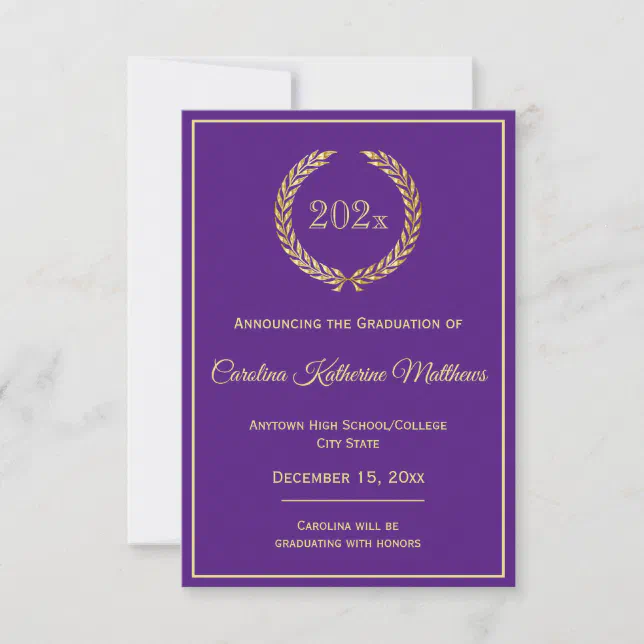 Gold Wreath Purple Graduation Announcement | Zazzle