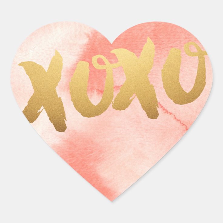 Gold XOXO love Pink watercolor Heart Stickers | Zazzle