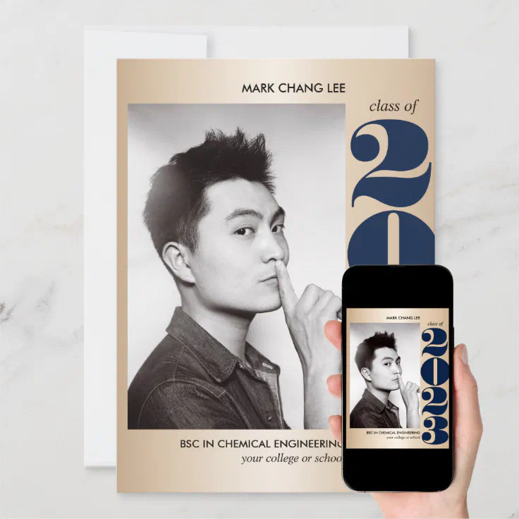 GOLD YEAR | NAVY BLUE COLLEGE PHOTO GRADUATION CARD | Zazzle