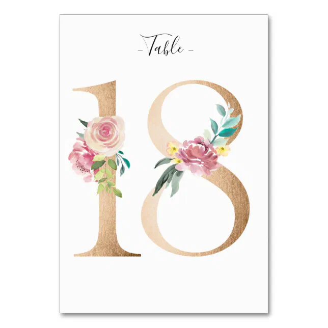 Golden 18 Floral Table Number Card | Zazzle