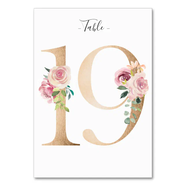 Golden 19 Floral Table Number Card | Zazzle