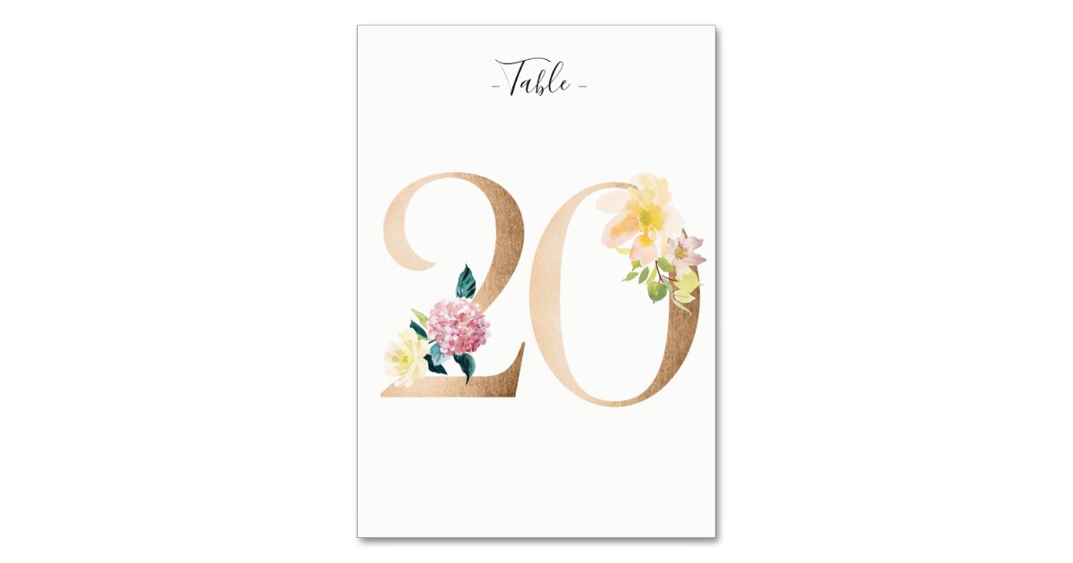 Golden 20 Floral Table Number Card | Zazzle