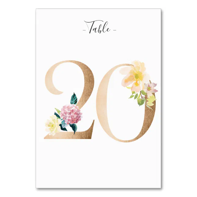 Golden 20 Floral Table Number Card | Zazzle