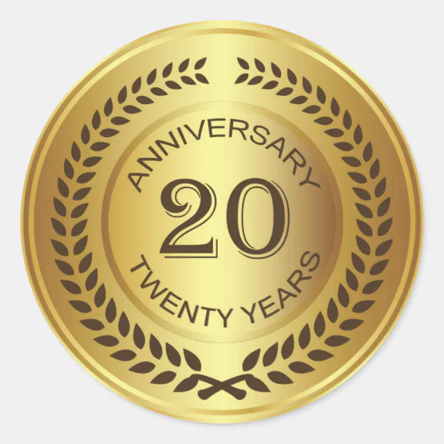 Golden 20th Anniversary with laurel wreath Classic Round Sticker | Zazzle