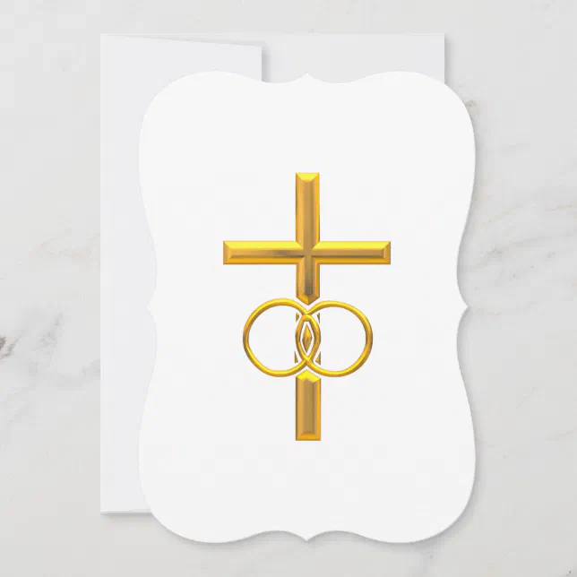 Golden 3-D Cross with Wedding Rings Invitation | Zazzle
