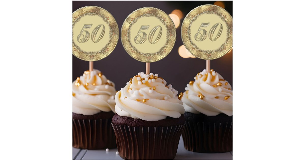 Golden 50th Anniversary Cupcake Sticker topper | Zazzle