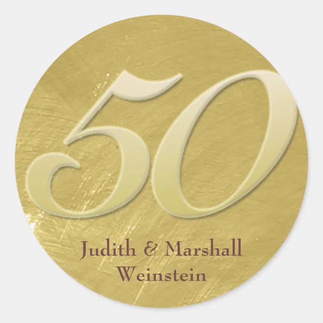 Golden (50th) Anniversary Faux Metal-Look Classic Round Sticker | Zazzle