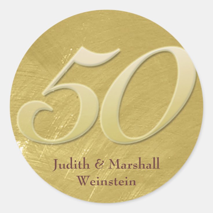 Golden (50th) Anniversary Faux Metal-Look Classic Round Sticker | Zazzle