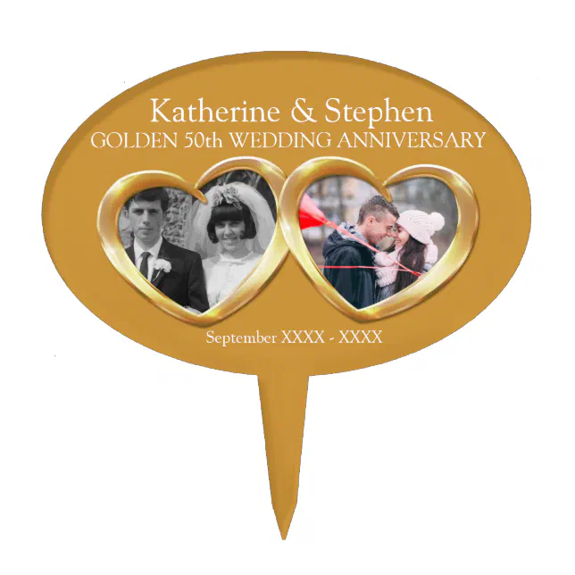 Golden 50th Wedding anniversary 2 hearts photo Cake Topper | Zazzle