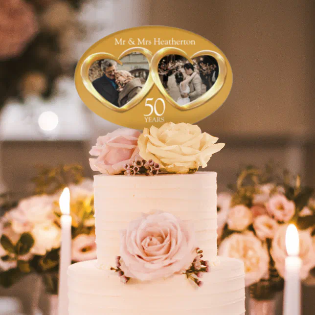 Golden 50th Wedding anniversary 2 hearts photo Cake Topper | Zazzle