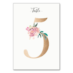 Golden 5 Floral Table Number Card | Zazzle